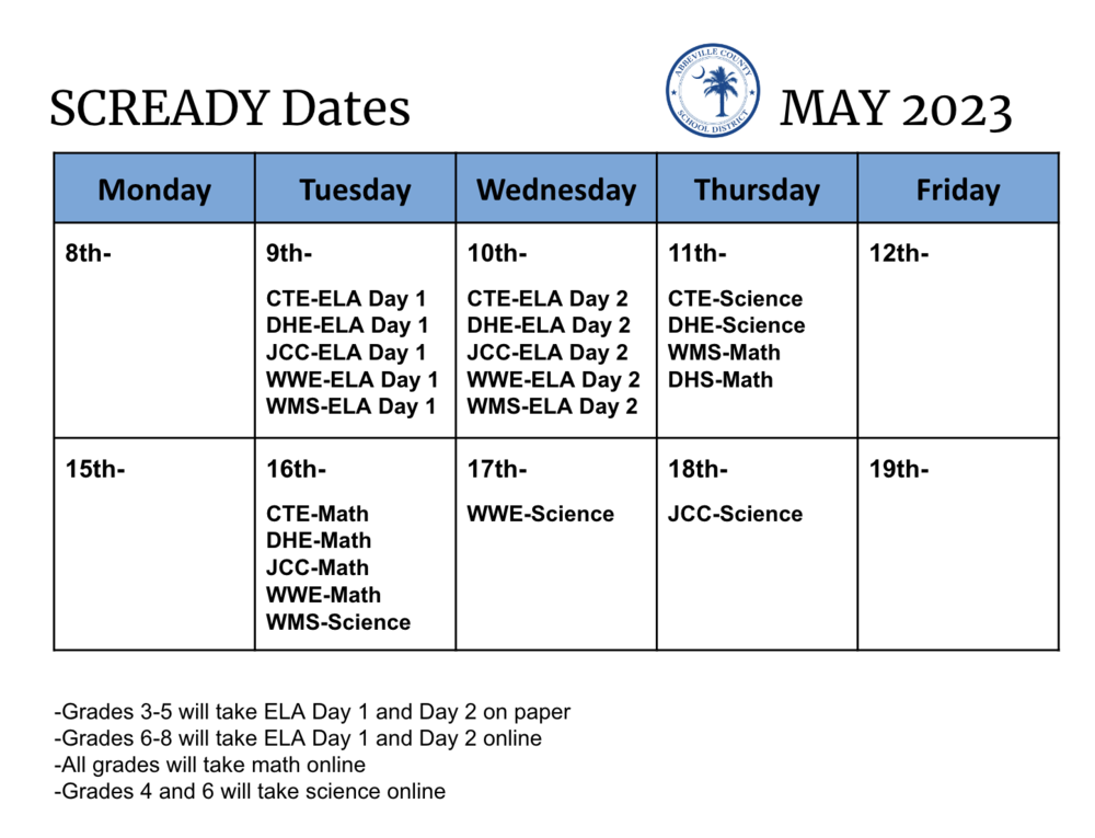 SCReady Testing Dates | Abbeville County School District